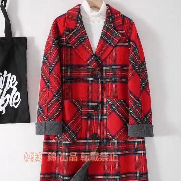 タータンチェックウールロングコート　リバーコートダブルフェイスコート　一枚仕立て　上質　株式会社錦　ほっそり効果大 20代30代40代50代　ミセス