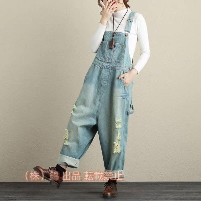 デニムオーバーオールレディースサロペットマキシ丈ダメージ加工ゆったり大きいサイズ株式会社錦ワンピースオールインワンワイドパンツ春夏秋冬ss-060