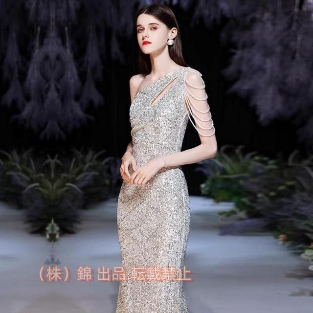 マーメイドドレスイブニングドレススパンコールキラキラドレスワンショルダーフリンジビーズキレイめ株式会社錦発表会ドレスロングドレススリットタイトドレス