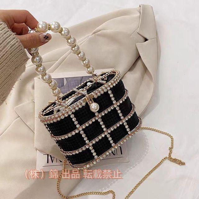 イブニングクラッチバッグ女性の高級パールビーズメタリックケージハンドバッグパーティー財布バッグイブニングバッグ (Color : Black Size : 18.8*9*12cm)