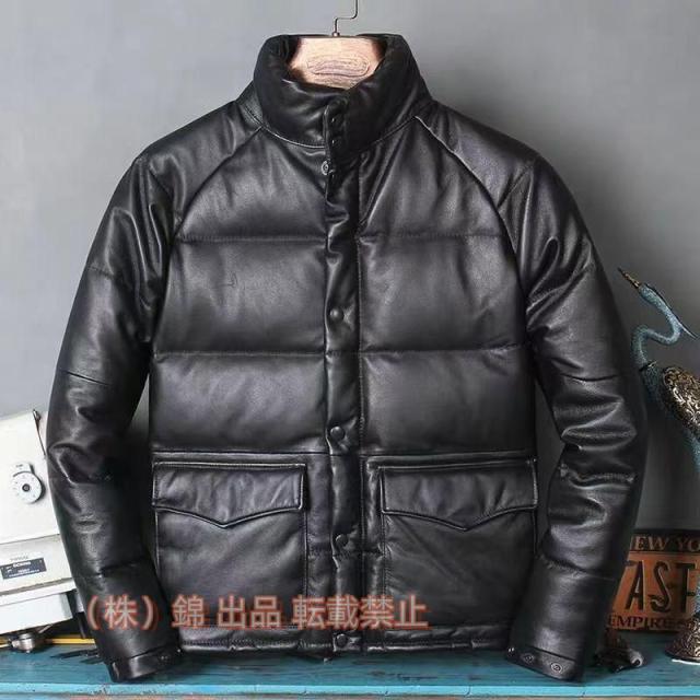 高級感満載！防寒良品☆レザーダウンジャケット イタリアンレザー 株式会社錦 ダウンジャケット牛革 ブラック