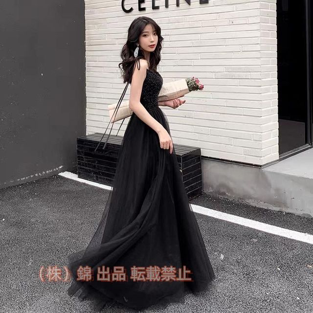 演奏会用ロングドレスドレスロングパーティードレスワンピース結婚式 株式会社錦 披露宴およばれピアノフォーマル黒Aラインビジューチュール素材ハイウエスト