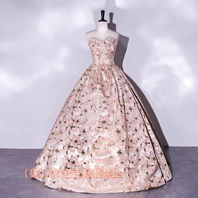 カラードレス編み上げピンク花柄ビスチェロングドレス結婚式二次会発表会演奏会ウェディングドレス株式会社錦ウエディングドレス花嫁前撮りプリンセスドレス