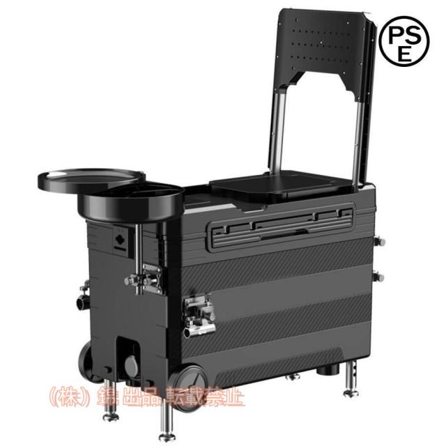 釣り用クーラーボックス 多機能32L 座れる頑丈マッスルボディ防水ハンドル キャスター付 漁具装備収納 釣り株式会社錦 保冷 脚高さ調整可 水栓付き ブラック