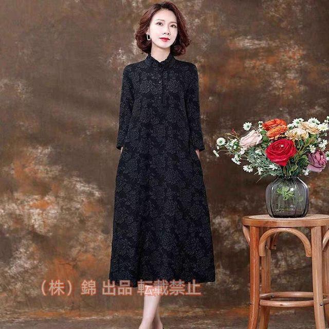 ライン 七分袖 花柄 ロング丈 結婚式ワンピース 叔母 50代 お食事会 顔合わせ服装 母親 60代 40代 お宮参り 70代 祖母 株式会社錦 姪 ぼっちゃり シニア 黒