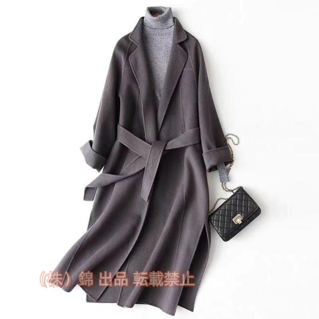 上品ロングコート　ウール リバーコート　ダブルフェイスコート　一枚仕立て　ウール100％株式会社錦　グレー　ダークグレー　ほっそり効果大 上品　大人
