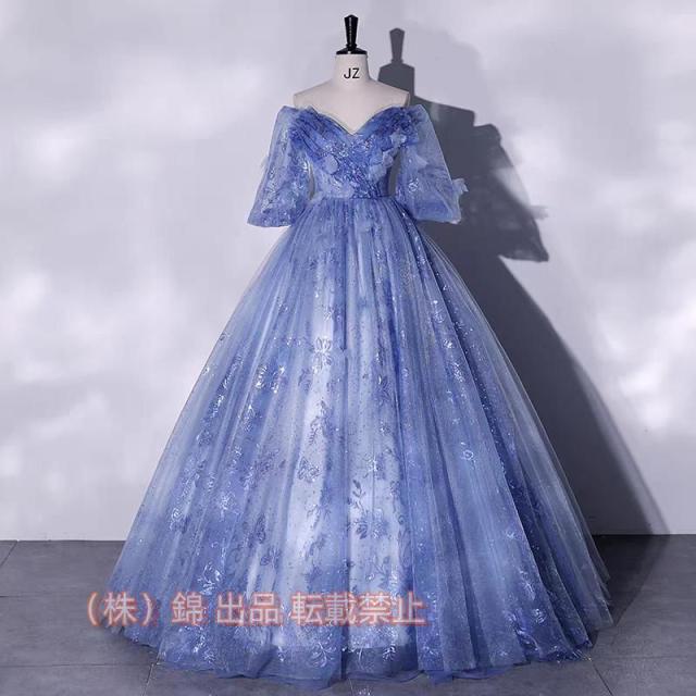 カラードレスロングドレス演奏会イブニングドレスプリンセスラインステージ舞台衣装発表会コンサート株式会社錦コンクール大人青ブルー花柄袖付き音楽会