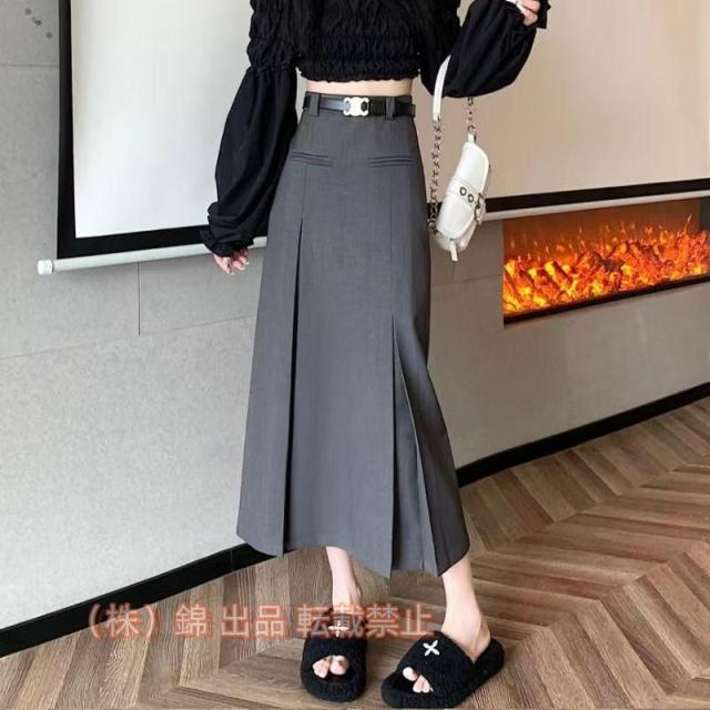 大人ボックスプリーツスカート　グレー　ひざ下丈　ミモレ丈　タイト　ミセス　株式会社錦ビジネス大きいサイズ有　SからXXL通勤通学20代30代40代50代60代