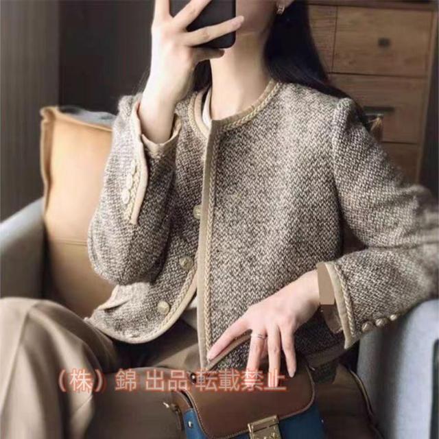 ノーカラージャケット　ツイード　定番　ショートジャケット　ブラウン系　大きいサイズ有　株式会社錦20代30代40代50代60代