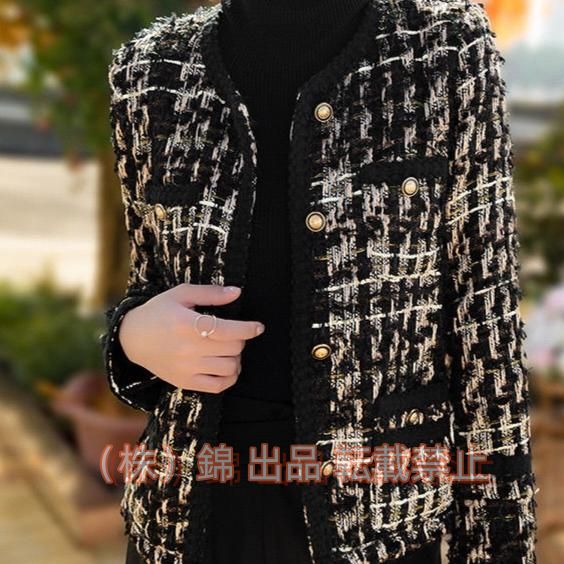 ノーカラージャケットブラック系ツイード上品セレモニーショートジャケット株式会社錦卒業式結婚式ほっそり効果大20代30代40代50代60代ミセス