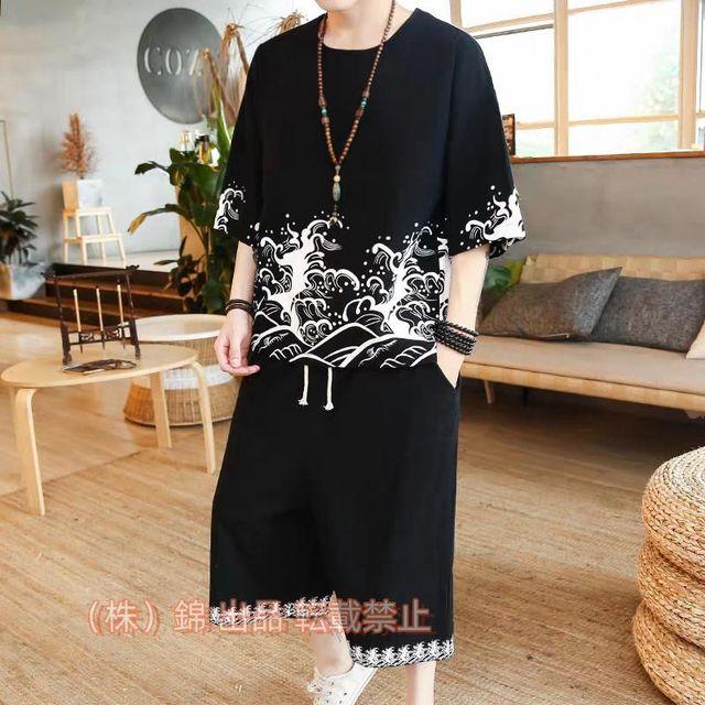 上下セット 甚平 ヘンリーシャツ メンズ 綿麻 2type 和柄 サルエルパンツ ルームウェア 薄手株式会社錦 部屋着 涼しい 夏 父の日