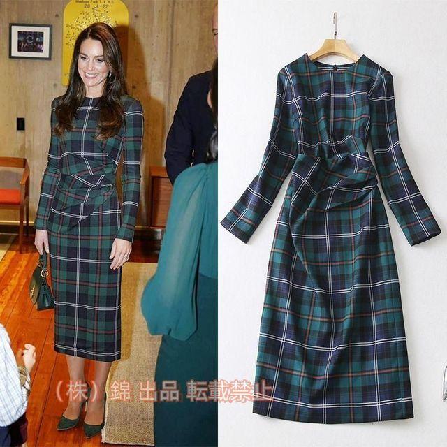 タータンチェックワンピース　ウエスト変形デザイン　タイとワンピース　ひざ下丈　ミモレ丈　長袖　細く見える　株式会社錦大きいサイズ有り　お出かけ通勤通学