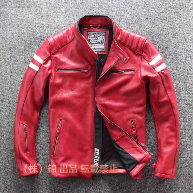 高級感満載！★赤★高品質牛革レザージャケット★スリム立ち襟メンズバイクオートバイト★株式会社錦 ライダース★サイズ選択可★