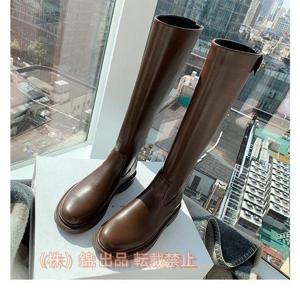 レディースロングブーツジョッキーブーツスムースレザー調チャンキーヒール太ヒールバックジッパー黒ブラックブラウン株式会社錦きれいめカジュアル可愛い