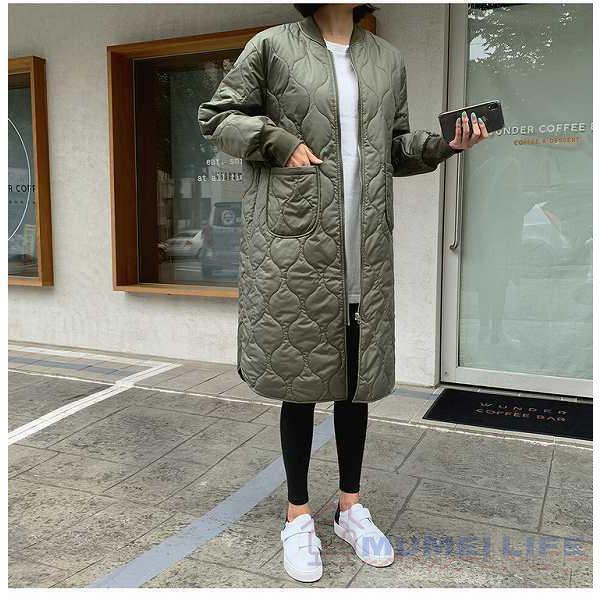 ロングコート　中綿コート　ひざ下丈　ダウンコート　カーキ　ブラック　防寒　ノーカラー　株式会社錦　ほっそり効果大 20代30代40代50代　ミセス ロングコート 中綿コート ひざ下丈 ダウンコート カーキ ブラック 防寒