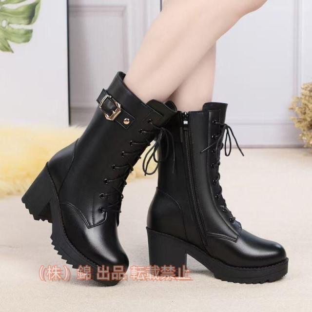 7cm レディース ショートブーツ 厚底 黒 太ヒール レースアップ サイドジッパー ブ 株式会社錦 ロックヒール ウォータドリル 滑り止め 歩きやすい レザー 秋冬