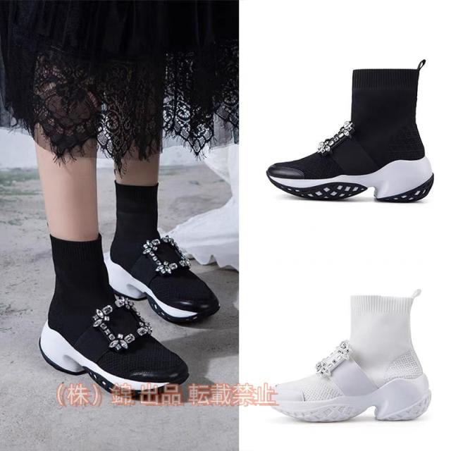 ビジュー付きニットブーツ クリスタルバックルニットスニーカー ビジュー スニーカー ニット スニーカー ソックスブーツ錦 ビジューバックル 厚底 ビジュ