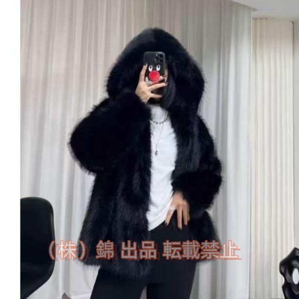 ファーコート フォックスファーコート ファージャケット レディース 冬 40代 エコ フェイクフォックス 毛皮 高級感 フード付き株式会社錦  モコモコ 暖かい