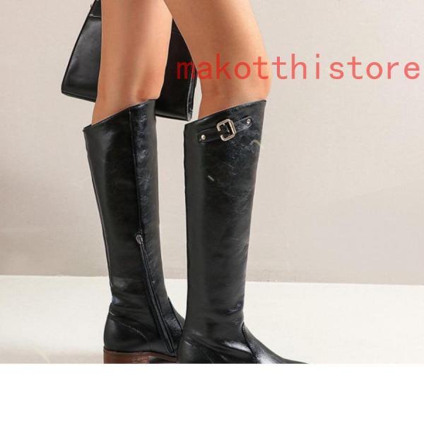 ロングブーツジョッキーブーツストレートサイドベルト低ヒール