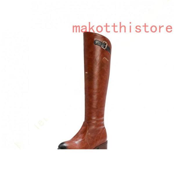 ロングブーツジョッキーブーツストレートサイドベルト低ヒール