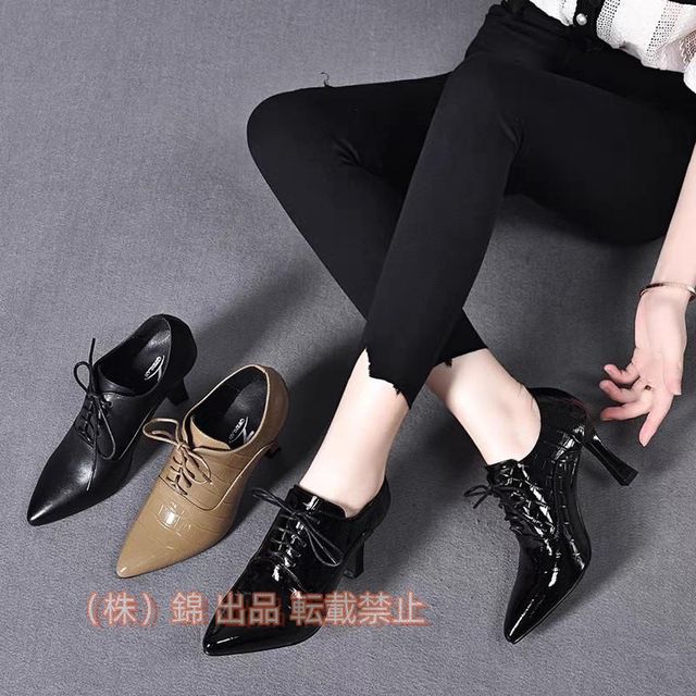 オックスフォードシューズ レディース レースアップ 6cmヒール 痛くない 錦 チャンキーヒール ウィングチップ ウイングチップ 編み上げ 本革調 レザー調 紐