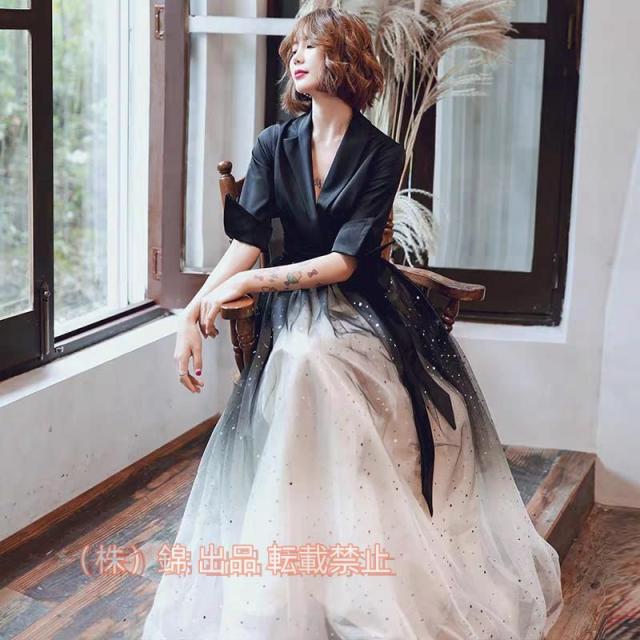 カラードレス カクテルドレス ブラック 黒 Vネック ロングドレス パーティードレス 発表会 演奏会 イブニングドレス フォマール錦 大人 切替 ファッション