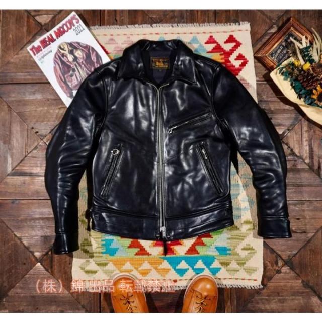 超人気☆1.5mm 茶芯ホースハイド 30'sスタイル シングルライダース レザージャケット ブラック 株式会社錦 トスカーナ植物鞣し革 馬革