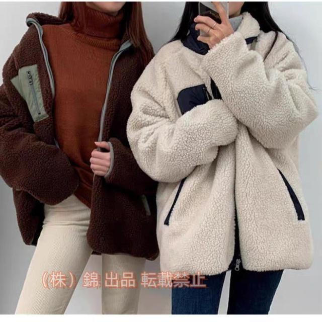 ボアジャケットアウターリバーシブルレディースブルゾンフリースビッグシルエット錦オーバーサイズシンプルストリートカジュアルミリタリー秋冬冬服