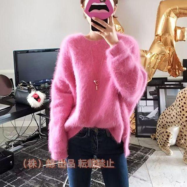 冬新作 秋冬 ニット セーター モヘア ゆるニット ふわふわ ゆったり 長袖 レディース トップス株式会社錦 韓国 ファッション ピンク