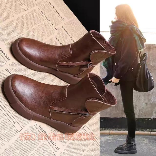 レディースアンクルブーツ革靴本革カジュアルブーツサイドジップブーツ快適歩きやすい株式会社錦厚底フラットヒールローヒール3cmショートブーツ旅行