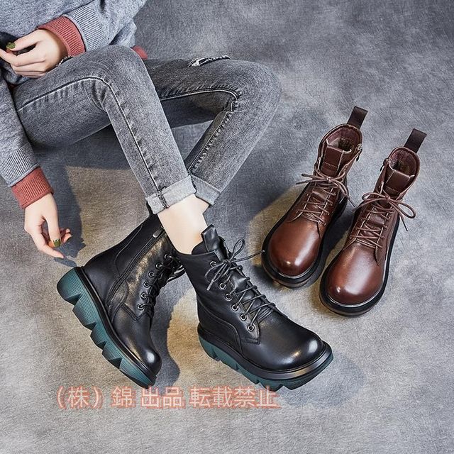 ブーツ大きいサイズレディースショートブーツ編み上げブーツ25cm25.5cm26cm26.5cm対応レースアップブーツ錦幅広甲高ワイズ4eローヒールブラック
