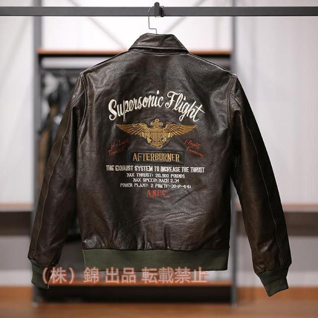 本革フライトジャケット　刺繍　アメリカA2空軍服　ライダースジャケット　本革ジャケット　牛革　折り襟　株式会社錦レザージャケット　革ジャン　メンズ