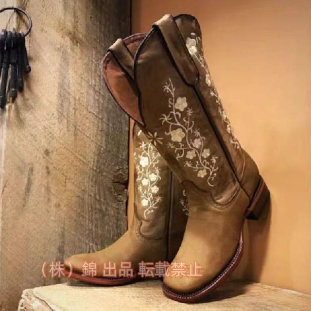 ウエスタンブーツ ウエスタン カントリーダンス カウボーイ 刺繍 ロングブーツ 女性用 本革調 茶色 カーキ ブラウン 株式会社錦ラウンドトゥ ジョッキーブーツ