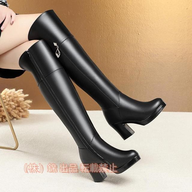 ハイヒール裏起毛ジョッキーブーツレディース乗馬ブーツロング丈サイドジッパーニーハイブーツレディース株式会社錦本革ロングブーツヒール7cm太ヒール