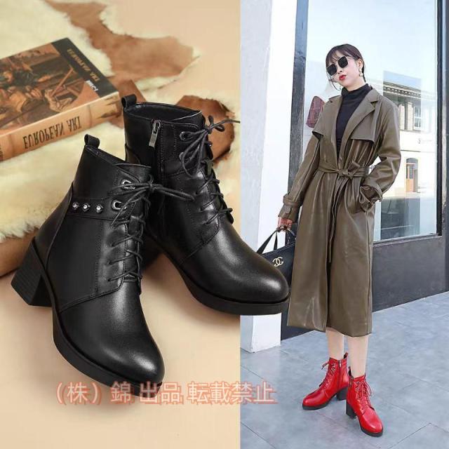 ショートブーツレディースレースアップ黒厚底太ヒール編み上げリベット黒大きいサイズレースアップブーツ歩きやすい株式会社錦編み上げブーツハイヒール袴