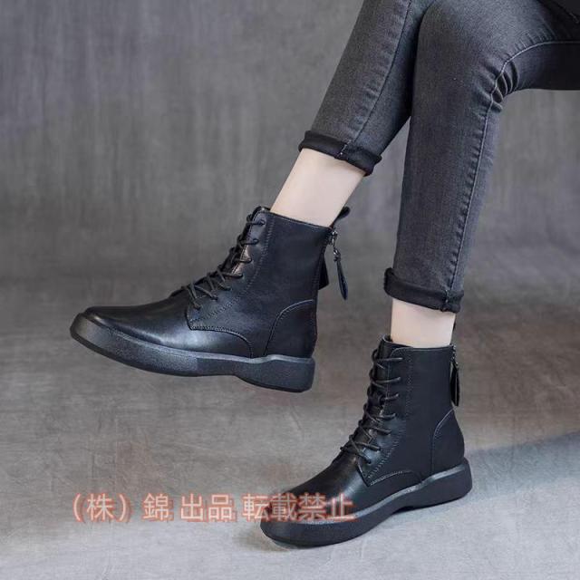 本革 ショートブーツ レディース ブーツ ローヒール ブーティ シューズ 春秋冬 無地 4センチ ジップ 美脚 株式会社錦歩きやすい ブーツ ショート 幅広 ぺたんこ