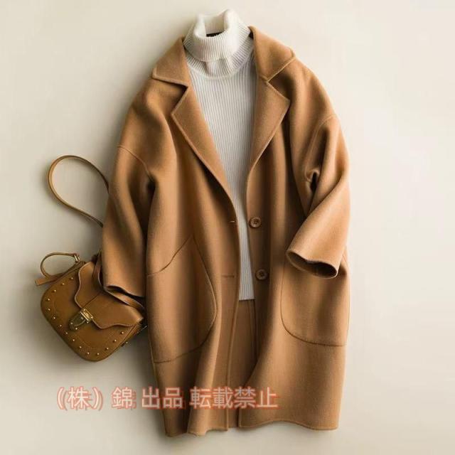 上品ハーフコート　ウール100% リバーコート　ダブルフェイスコート　一枚仕立て　キャメル　ブラック　ブルー　株式会社錦　上品　大人