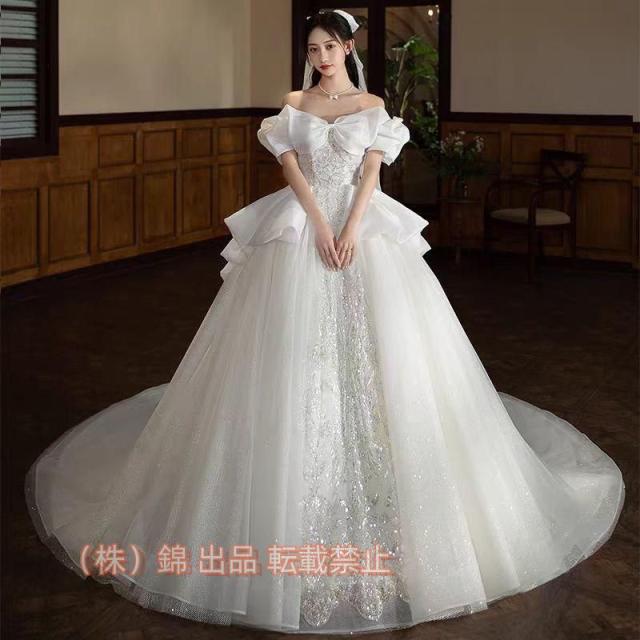 ウェディングドレス ウエディングドレス 二次会 結婚式 前撮り ブライダル ロングドレス 花嫁 プリンセスドレス プリンセスラインドレス オフショルダー リボン