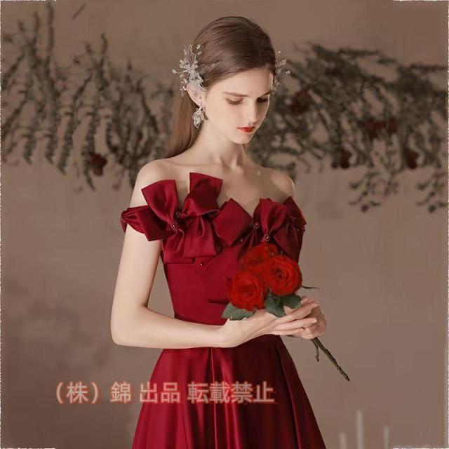 イブニングドレス ワイン赤 オフショルダー サテン ドレス 結婚式ドレス 二次会ドレス ゲストドレス 発表会ドレス 演奏会ドレス ロングドレス パーティードレス