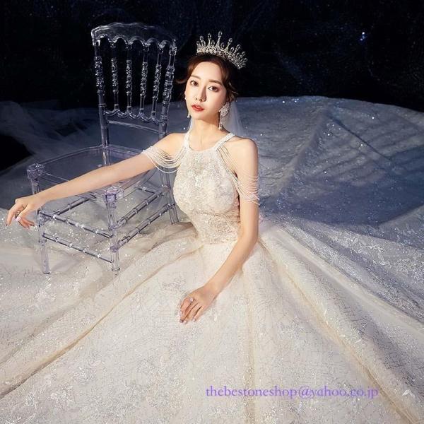 ロングトレーン 高級ウエディングドレスお花嫁ドレスプリンセスライン