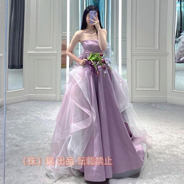 カラードレス多WAY付け袖オーバースカートロングドレス花嫁イブニングドレスパープルブライダル結婚式二次会株式会社錦アレンジウエディングドレスお色直し