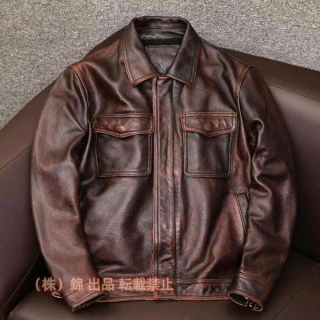 新品推薦☆アメカジ ダスト/ユーズド加工☆カウハイド メンズ 革ジャン 株式会社錦 レザージャケット ジャンパー ブラウン