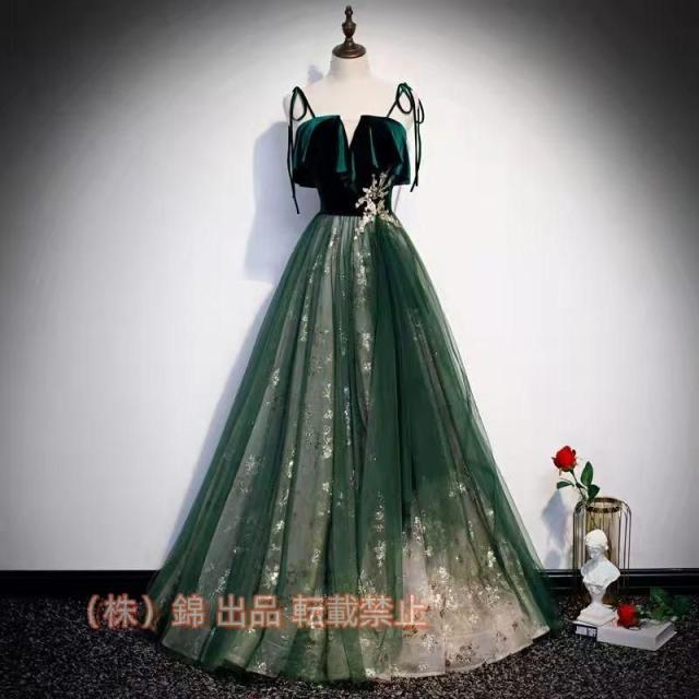 ロングドレス 演奏会 ベロア ベルベット イブニングドレス 緑 グリーン 高級 スパンコール 演奏会ドレス 発表会ドレス 株式会社錦キャミ チュール 20代
