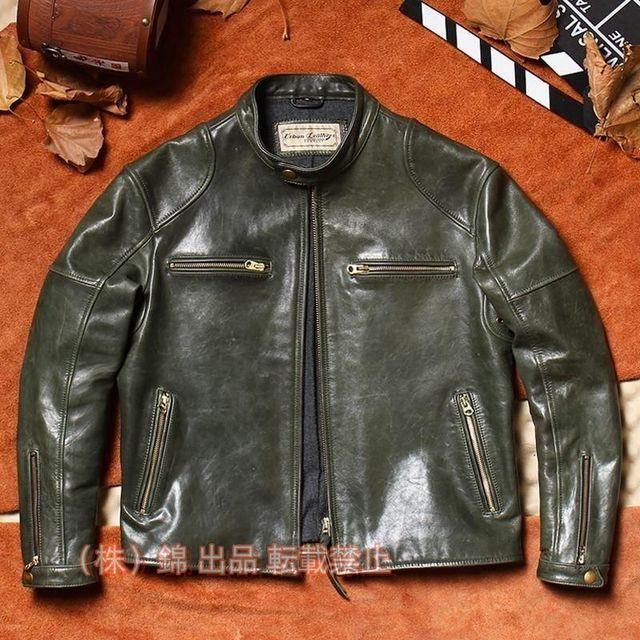 進口 馬の皮 ジャケット 男性用コート 立て襟のスリムフィット ショートレザー ライディングレザージャケット株式会社錦 ダークグリーン色です