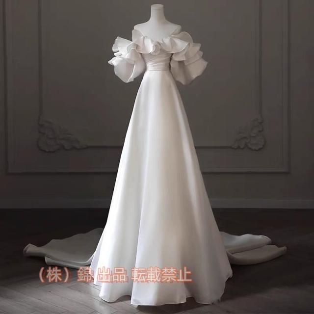 4wayウェディングドレスウエディングドレス付け袖二次会結婚式披露宴前撮り袖ありロングドレス花嫁Aラインドレス錦サテンビスチェオフショルダー