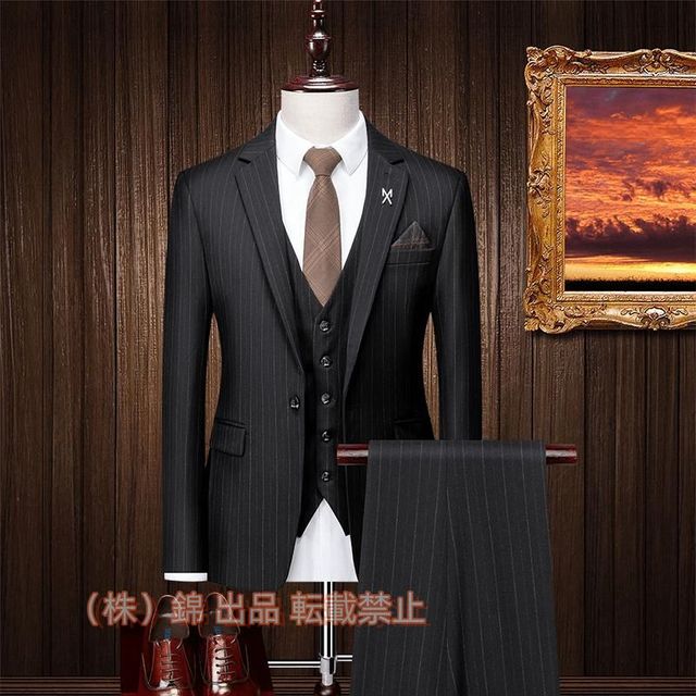 スーツ メンズスーツ ストライプ スリム ストレッチ 紳士服 3点セット シングルスーツ 株式会社錦ビジネススーツ