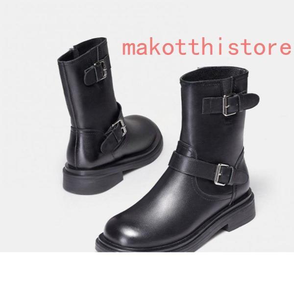 ベルトデザインブーティ歩きやすい太ヒール大きいサイズショートブーツ