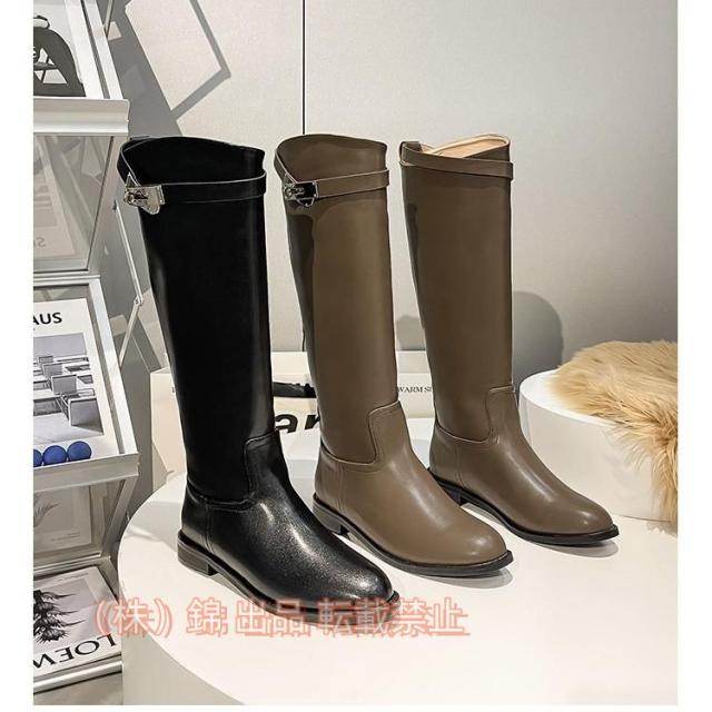 ロングブーツレディースジョッキー本革調高筒靴ロングバレルベルト飾りローヒール秋冬ベルトバックル大きめラウンドトゥ株式会社錦太めヒール防滑脚長効果