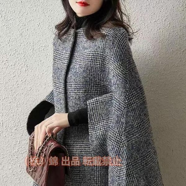 グレンチェックマント　ポンチョ　大人スタイル　チェック　ケープコート 株式会社錦大きいサイズ有りＳから３Ｌほっそり効果大通勤通学20代30代40代50代60代