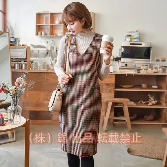 チェックジャンバースカート　千鳥格子　Ｖ襟　可愛い　ひざ下丈　上品　大きいサイズ有り　株式会社錦Ｓから５Ｌ ほっそり効果大通勤通学20代30代40代50代60代